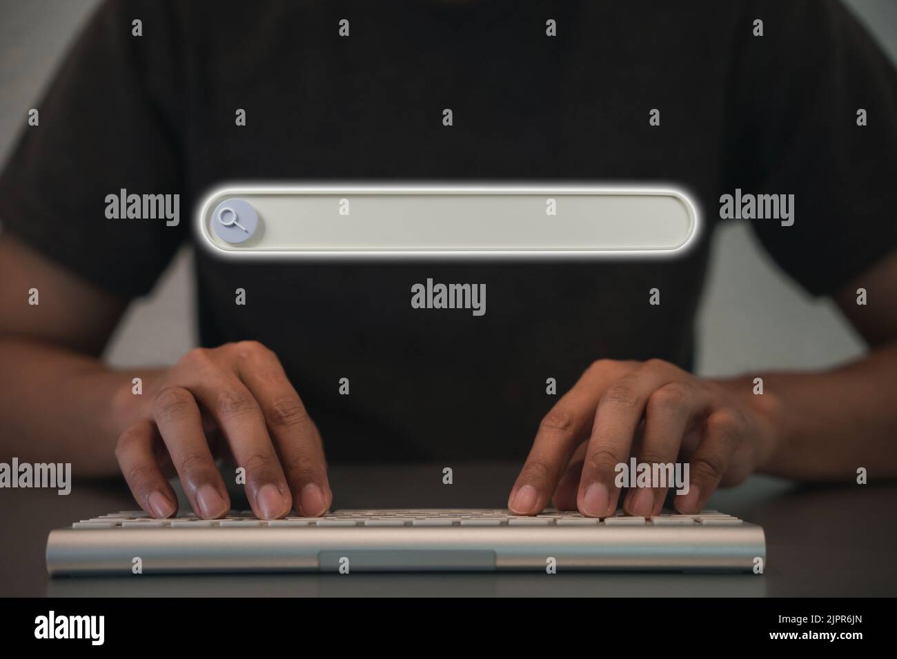 Website search engine information. Man hands typing wireless keyboard ...