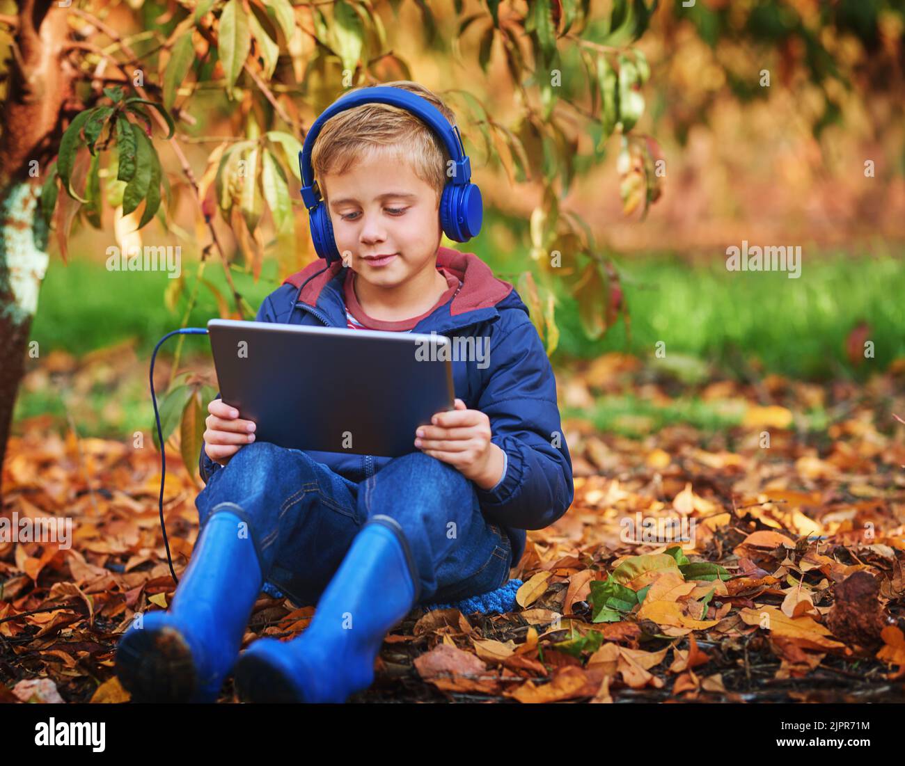 Immersed in technology in the great outdoors. Full length shot of an ...