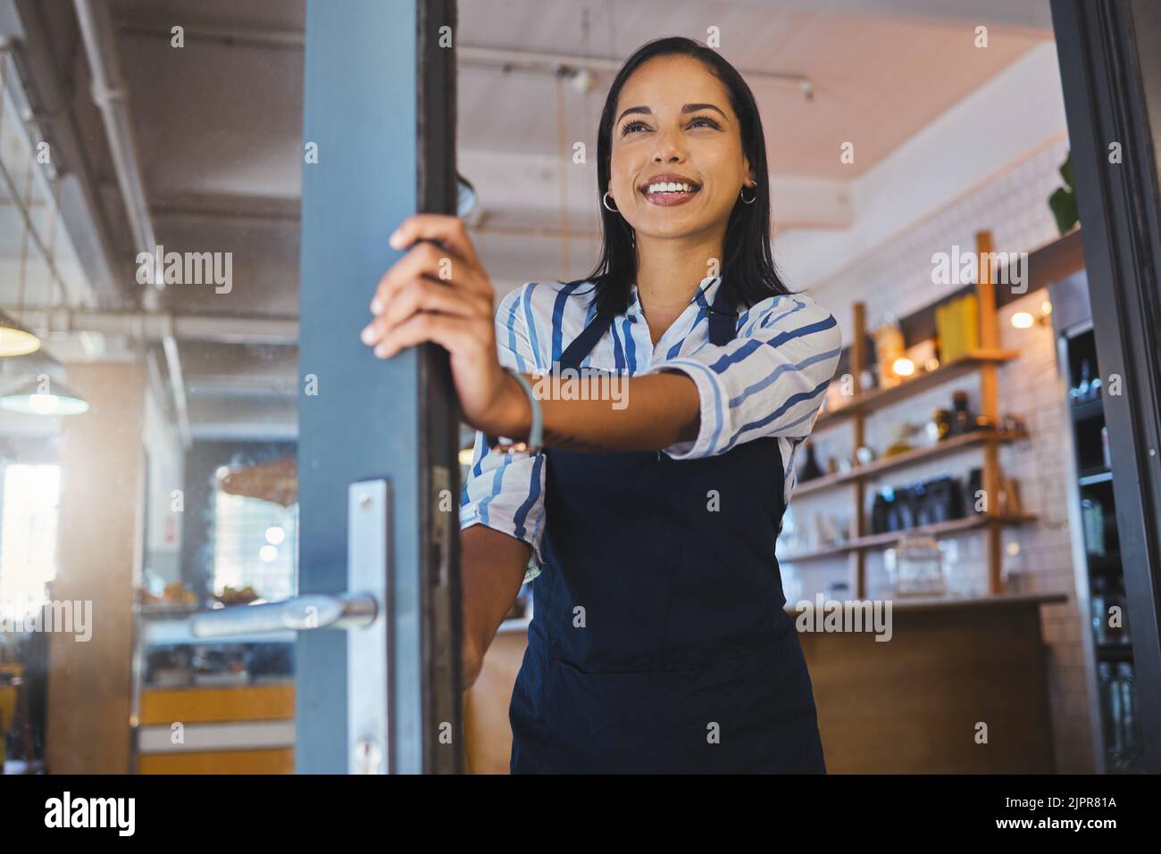 Welcome to opening cafe, entrance door and store of coffee shop, restaurant or small business ...