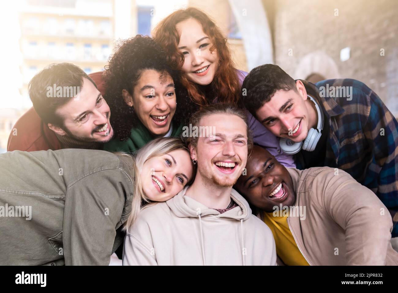 Selfie of young smiling teenagers having fun together outside - Happy ...