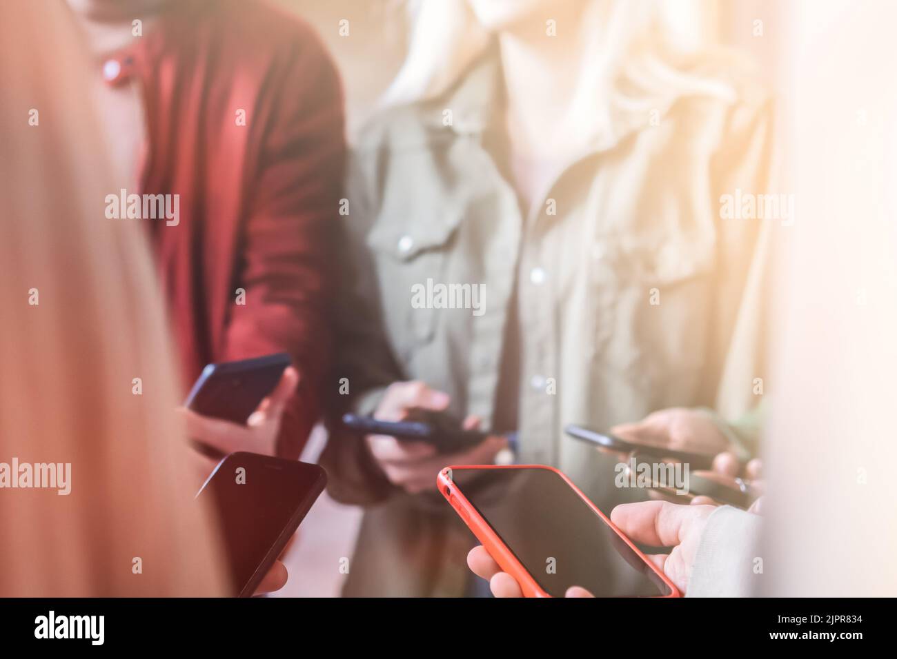 Closeup Group Adult Hipsters Friends Using Hands Modern Smartphone ...