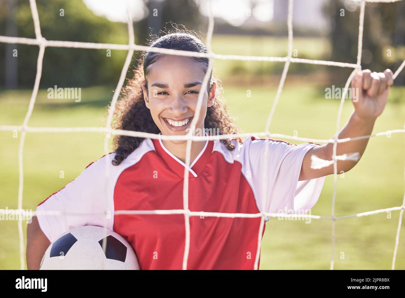 Happy, motivation and woman soccer player with a football ready for a ...