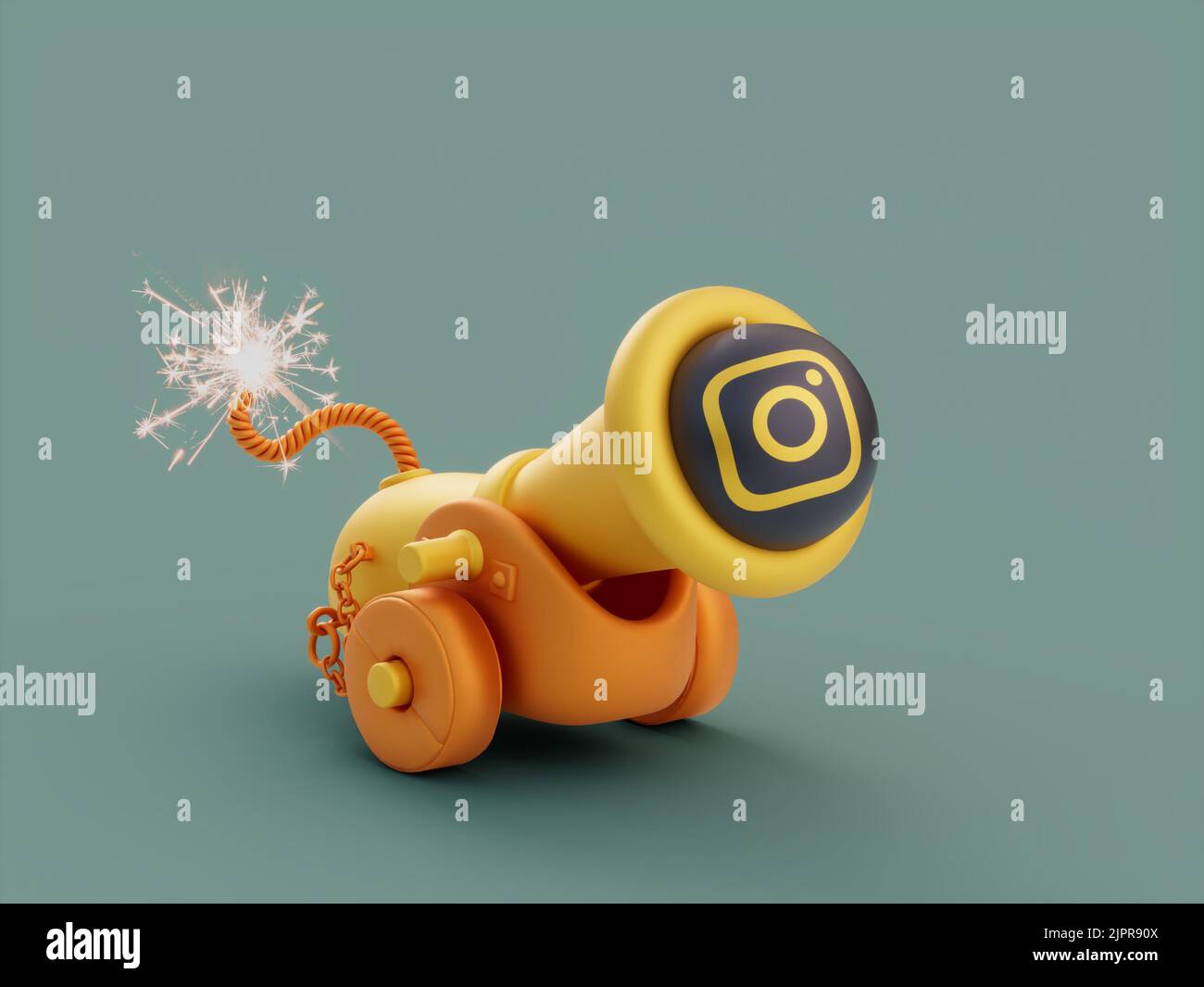 A 3D rendering of an orange-yellow Cannon wheels siege attack defense ...