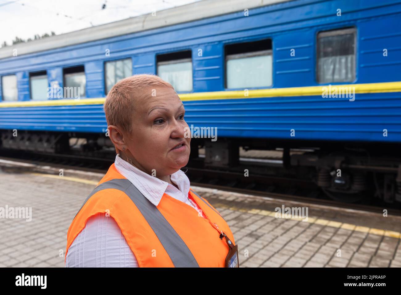 Pokrovsk, Ukraine. 4th Aug, 2022. A female train conductor seen on the ...