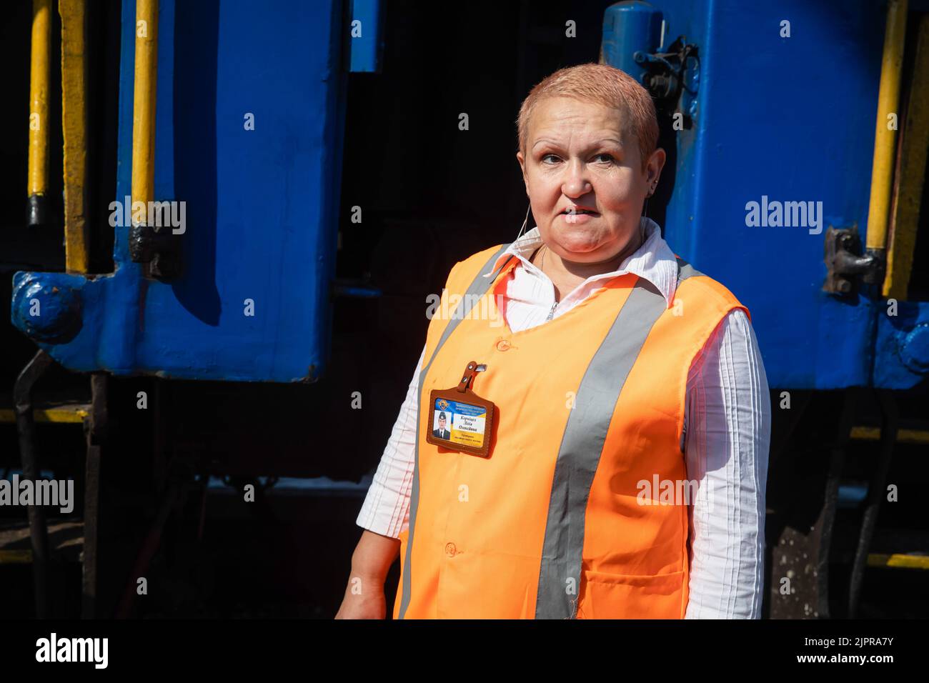 Pokrovsk, Ukraine. 4th Aug, 2022. Lydia the conductor of the evacuation ...