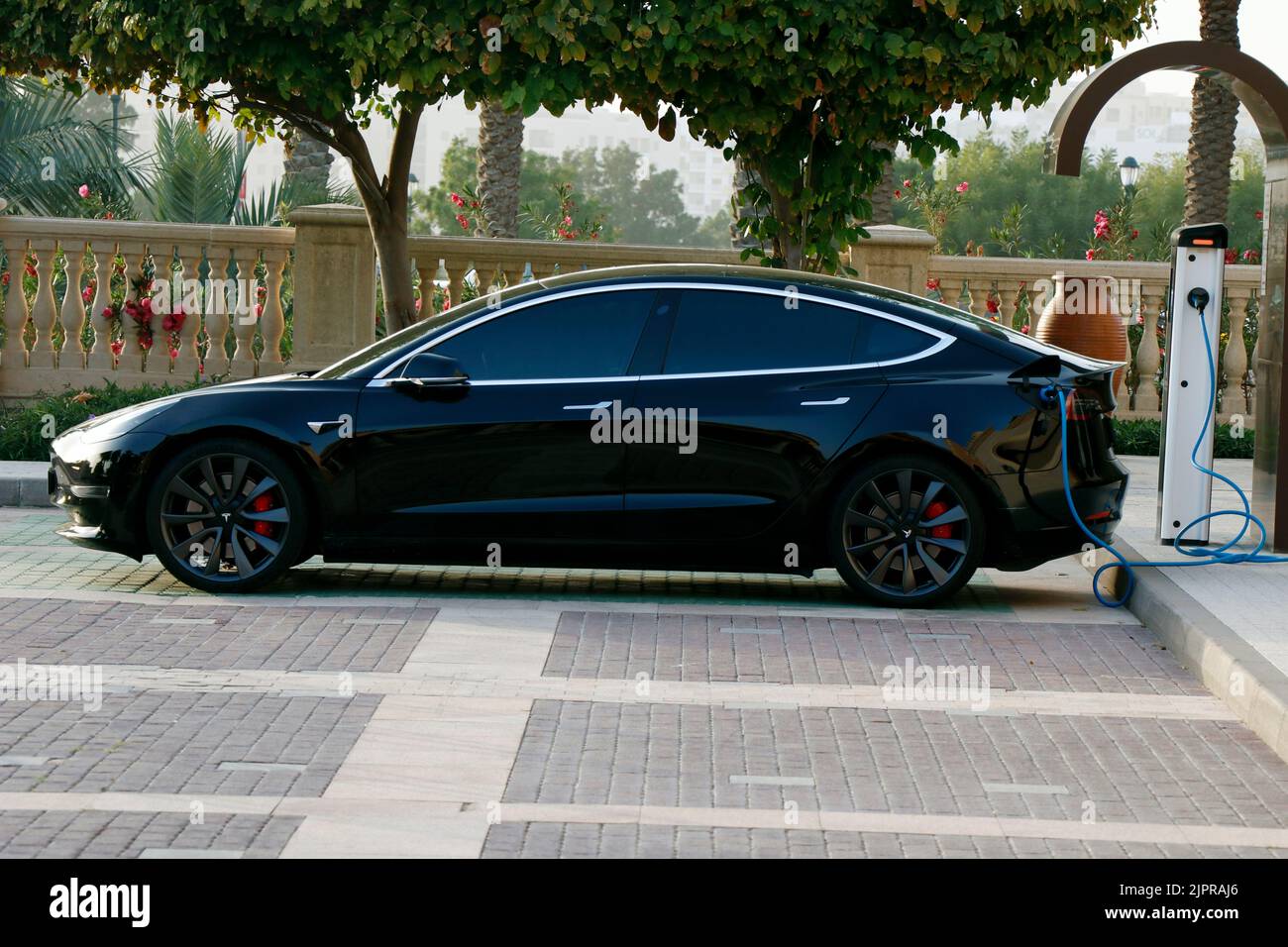 Dubai, United Arab Emirates - february 21, 2022 tesla car charging in ...