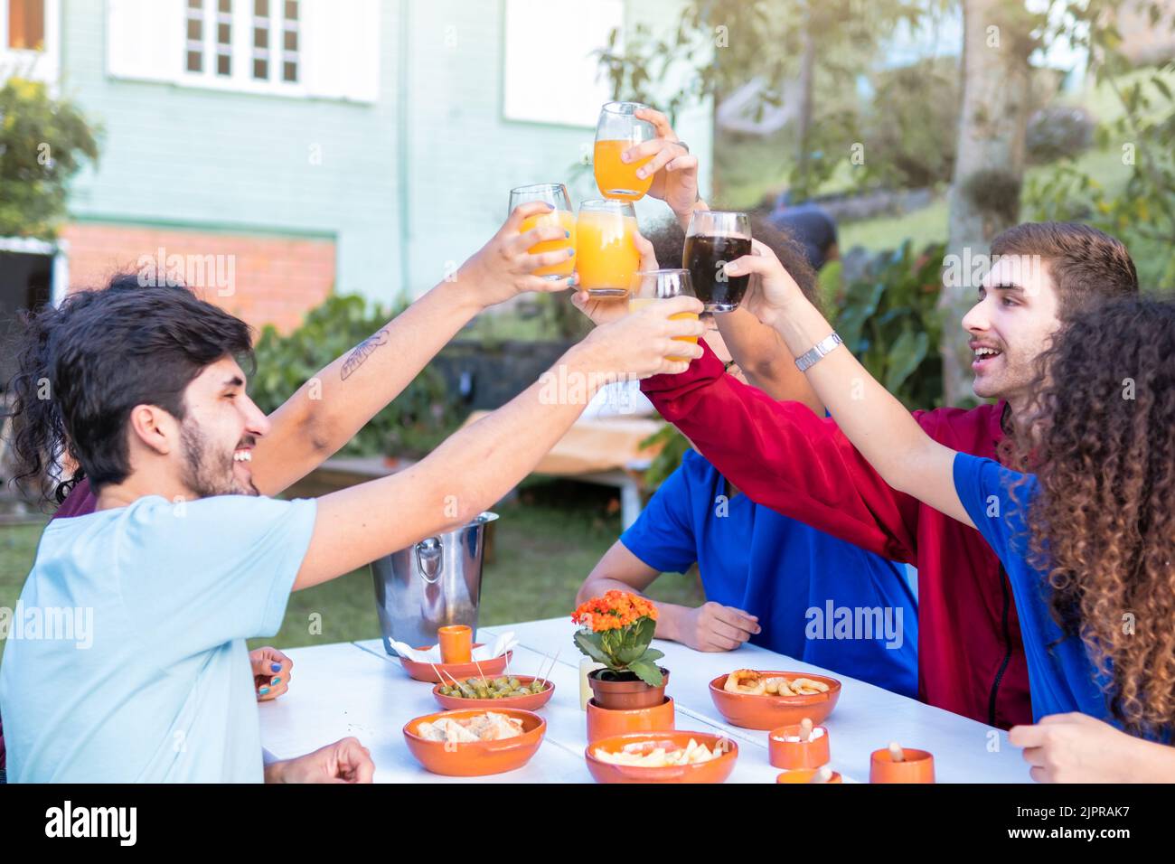 Millennial friends group having fun out side toasting drinks at garden ...