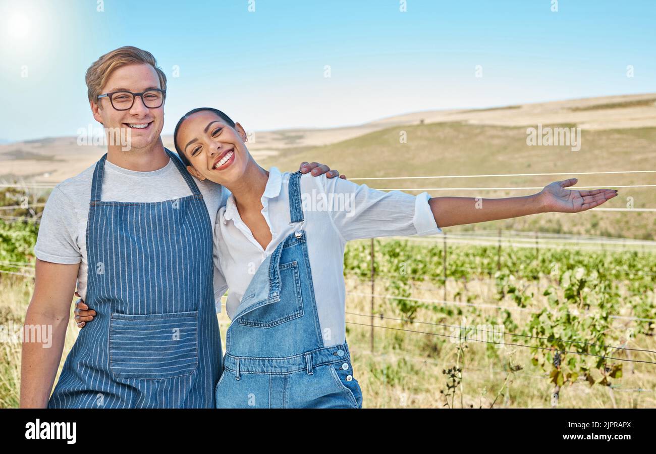 Grape farm, vineyard and farmer couple with proud, welcome and success ...