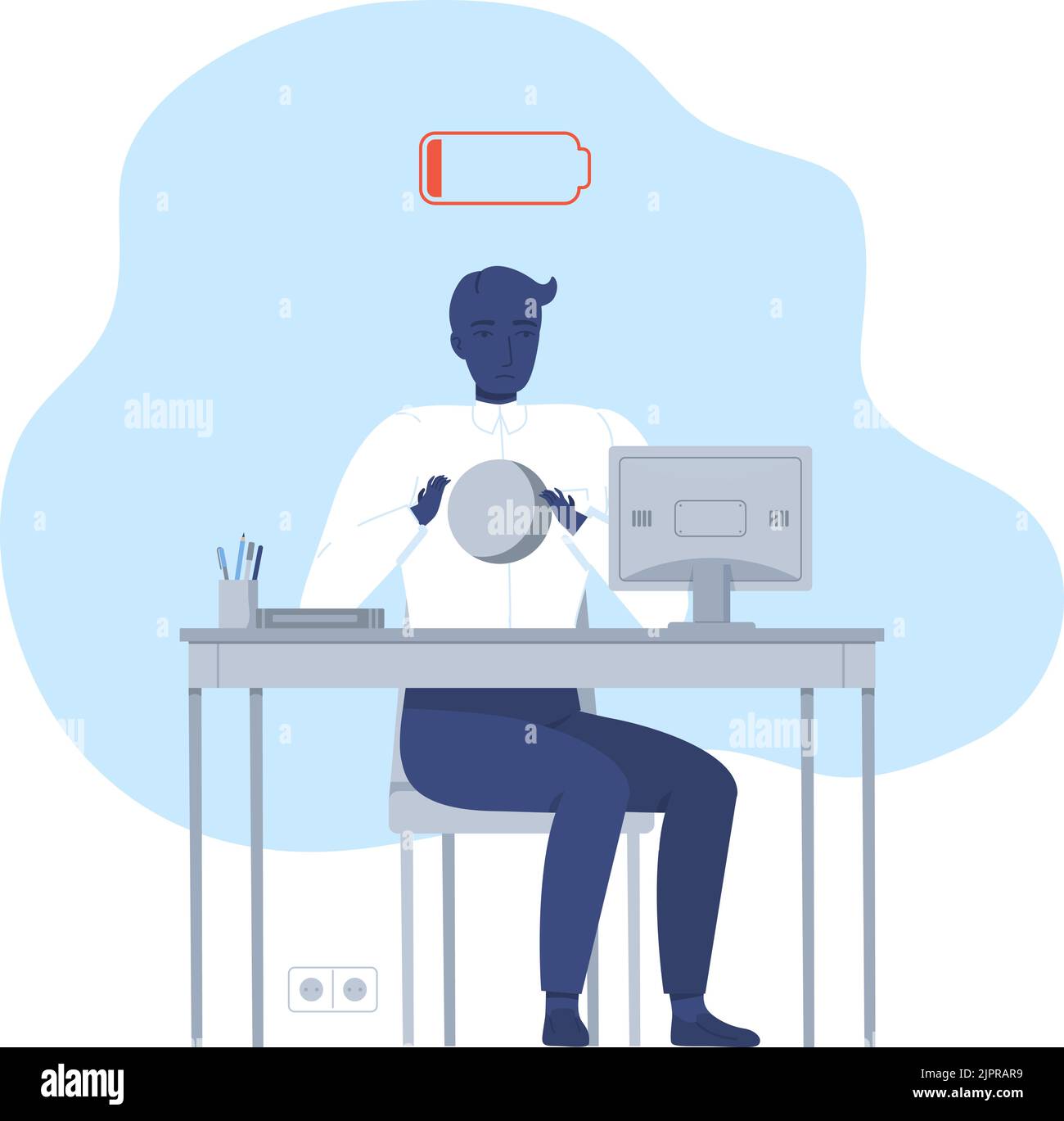 emotional burnout syndrome. Man with no energy works at a computer ...