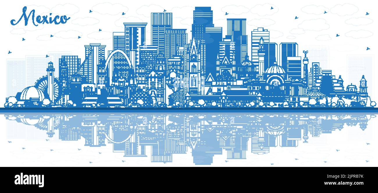 Outline Mexico Country Skyline with Blue Buildings and Reflections ...