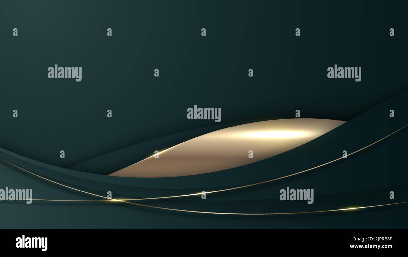 Abstract 3D luxury green color wave curve lines with shiny golden curved line decoration and ...
