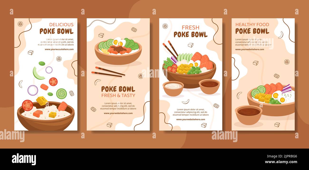 Poke Bowl Food Social Media Stories Template Hand Drawn Cartoon Flat ...
