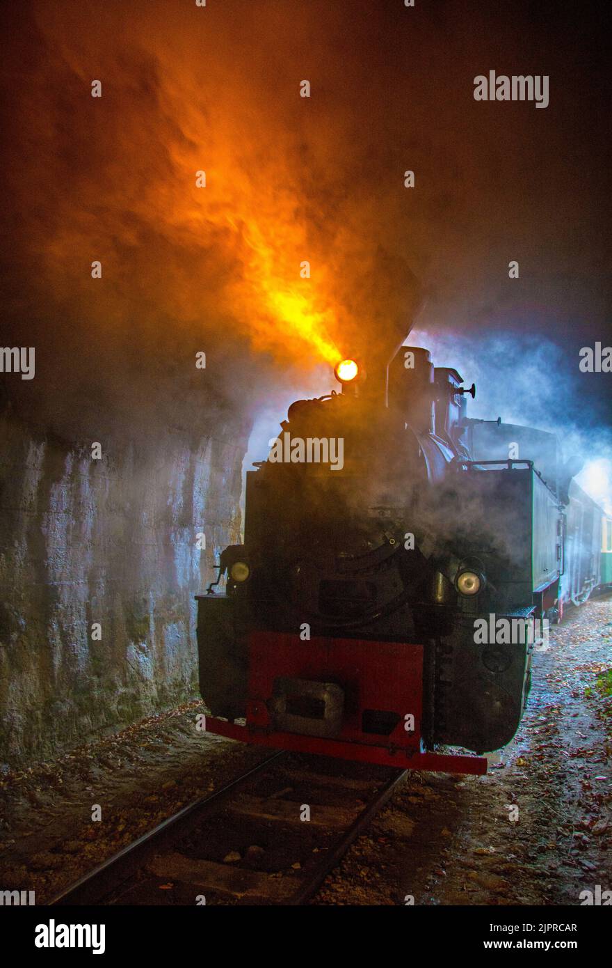 A vertical shot of a steam train on narrow railway in a tunnel in Viseu ...