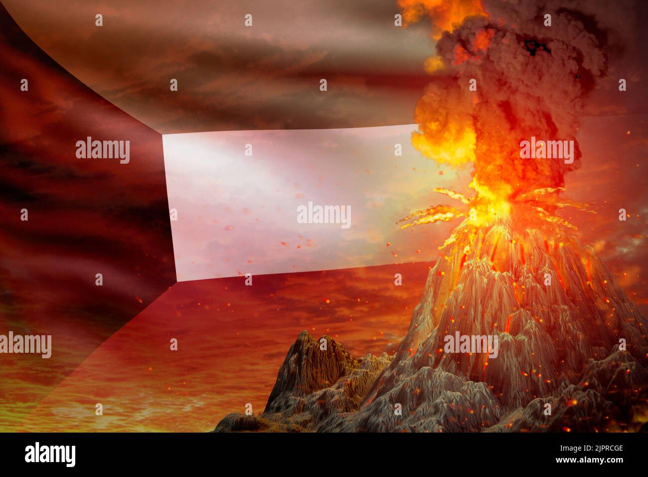 volcano blast eruption at night with explosion on Kuwait flag ...