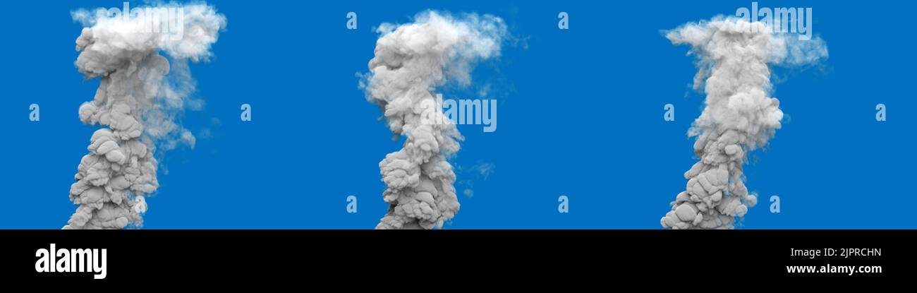 3 grey carbon smoke columns from urban fire on blue, isolated ...