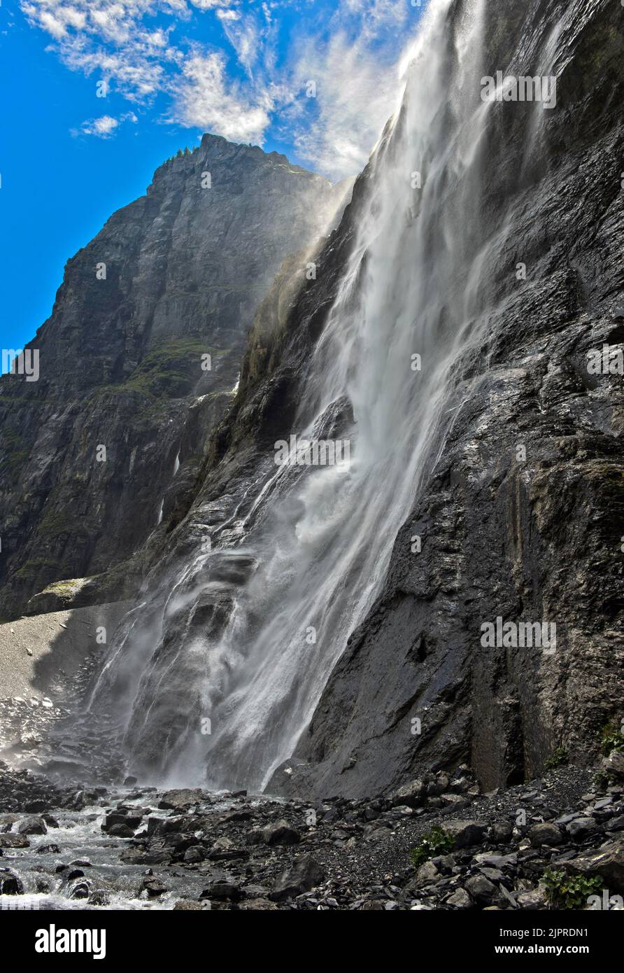 Waterfall thundering down a rock face, Gasterntal, Kandersteg, Bernese ...