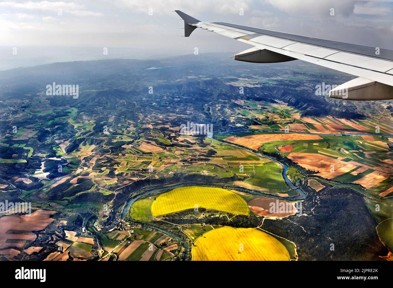 Flight Frankfurt-Madrid, Spanish fields and forests under the wing ...