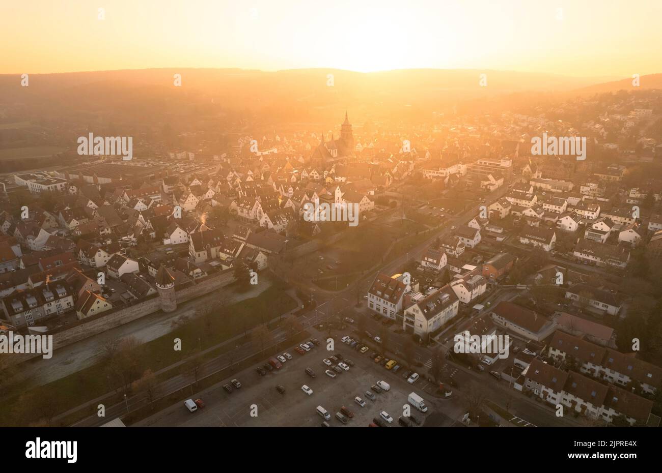 Aerial view of the historic old town at sunset, Weil der Stadt, Germany ...