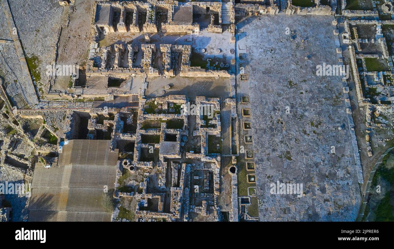 Drone shot, afternoon light, walls, ruins of buildings, Minoan Palace ...