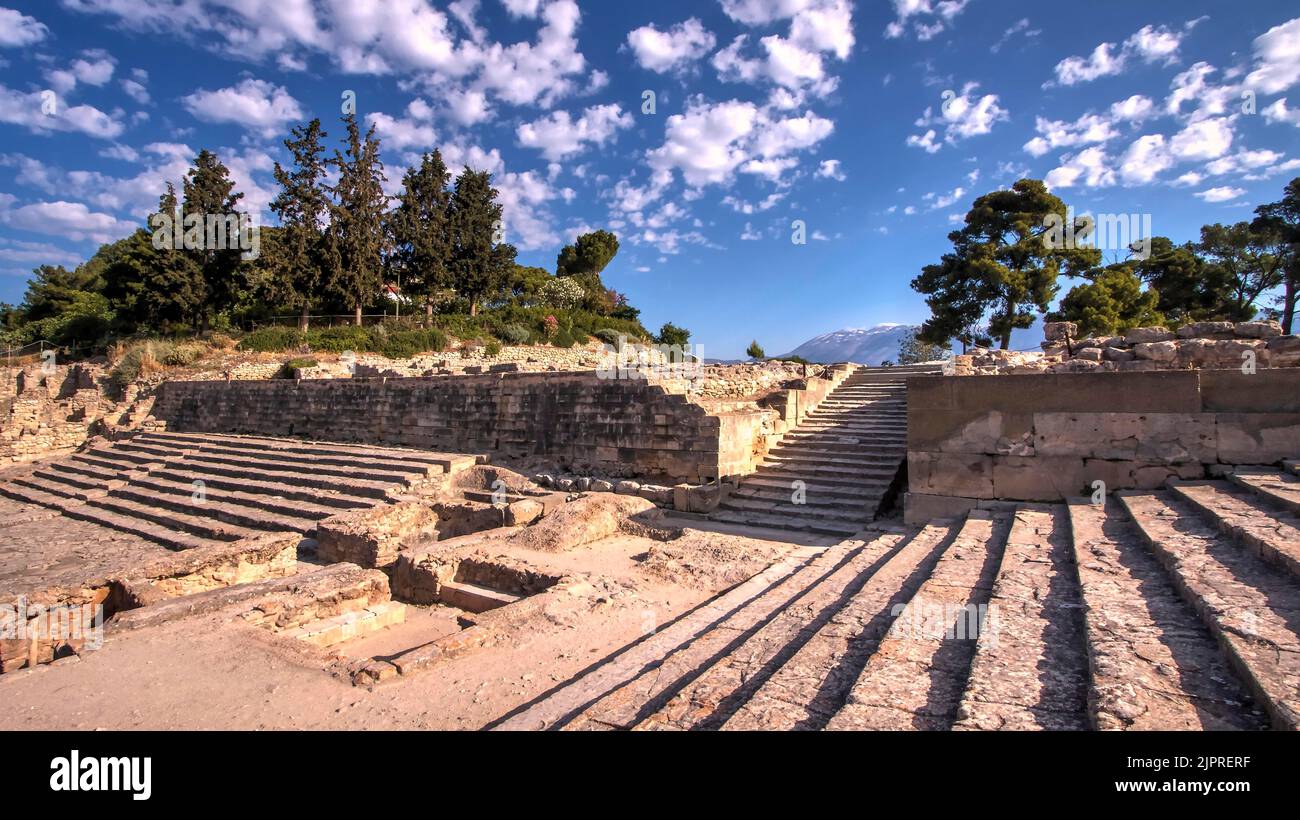 Blue sky, white clouds, three staircases, Minoan Palace of Festos ...