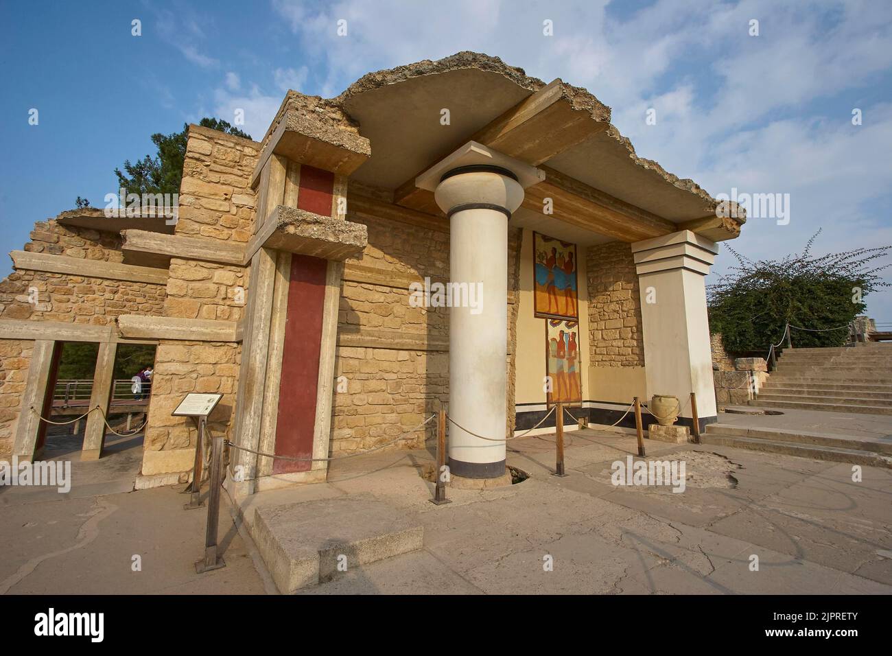 Morning light, blue sky with white clouds, South Propylaea, fresco, rhyton support, round white ...