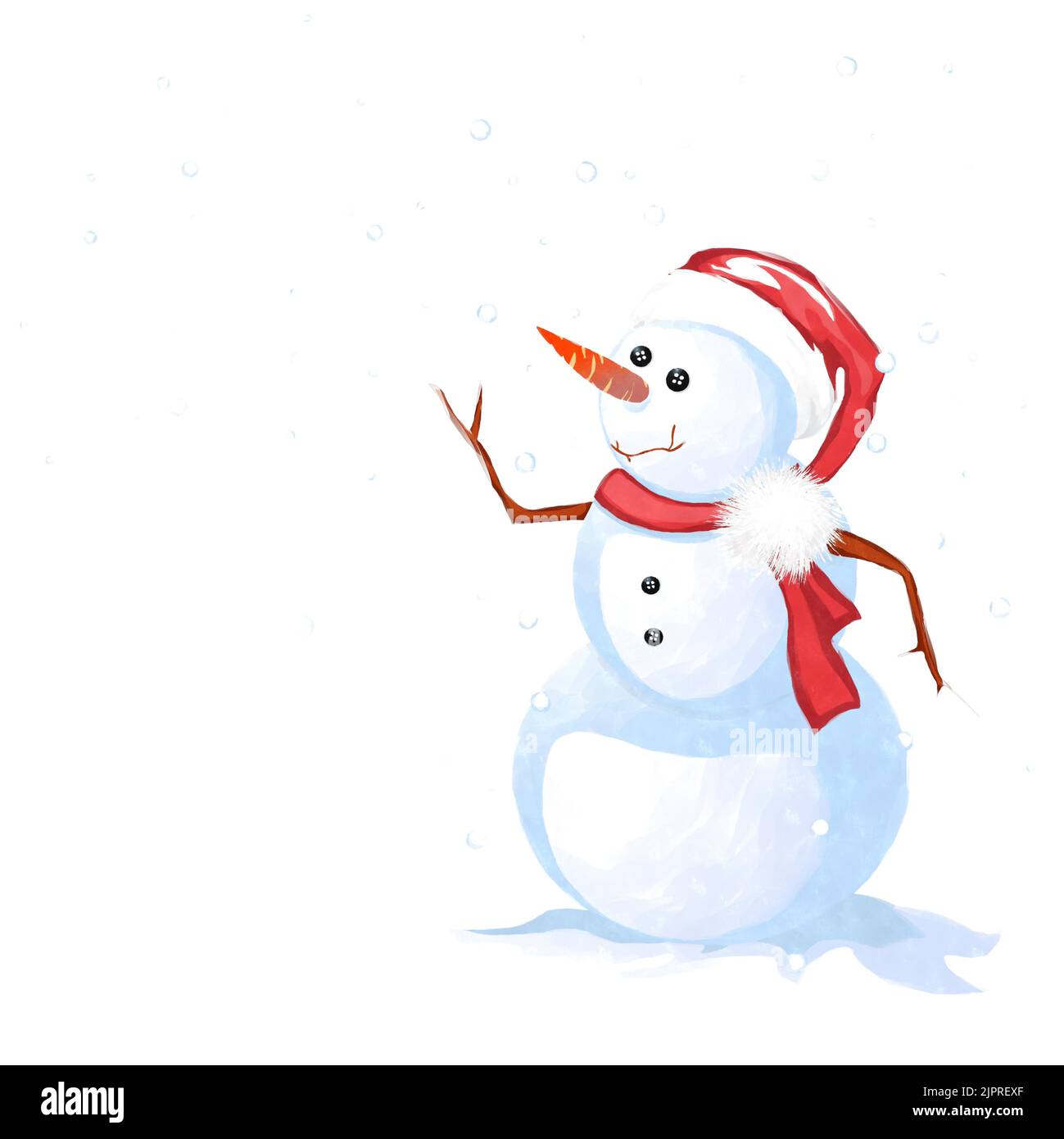 Watercolor style drawing of a smiling snow man against white background ...