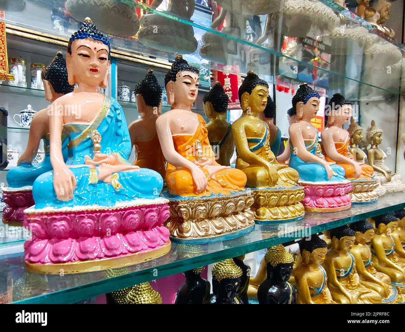 Buddha statue figures souvenir on display for sale on Gangtok, Sikkim ...