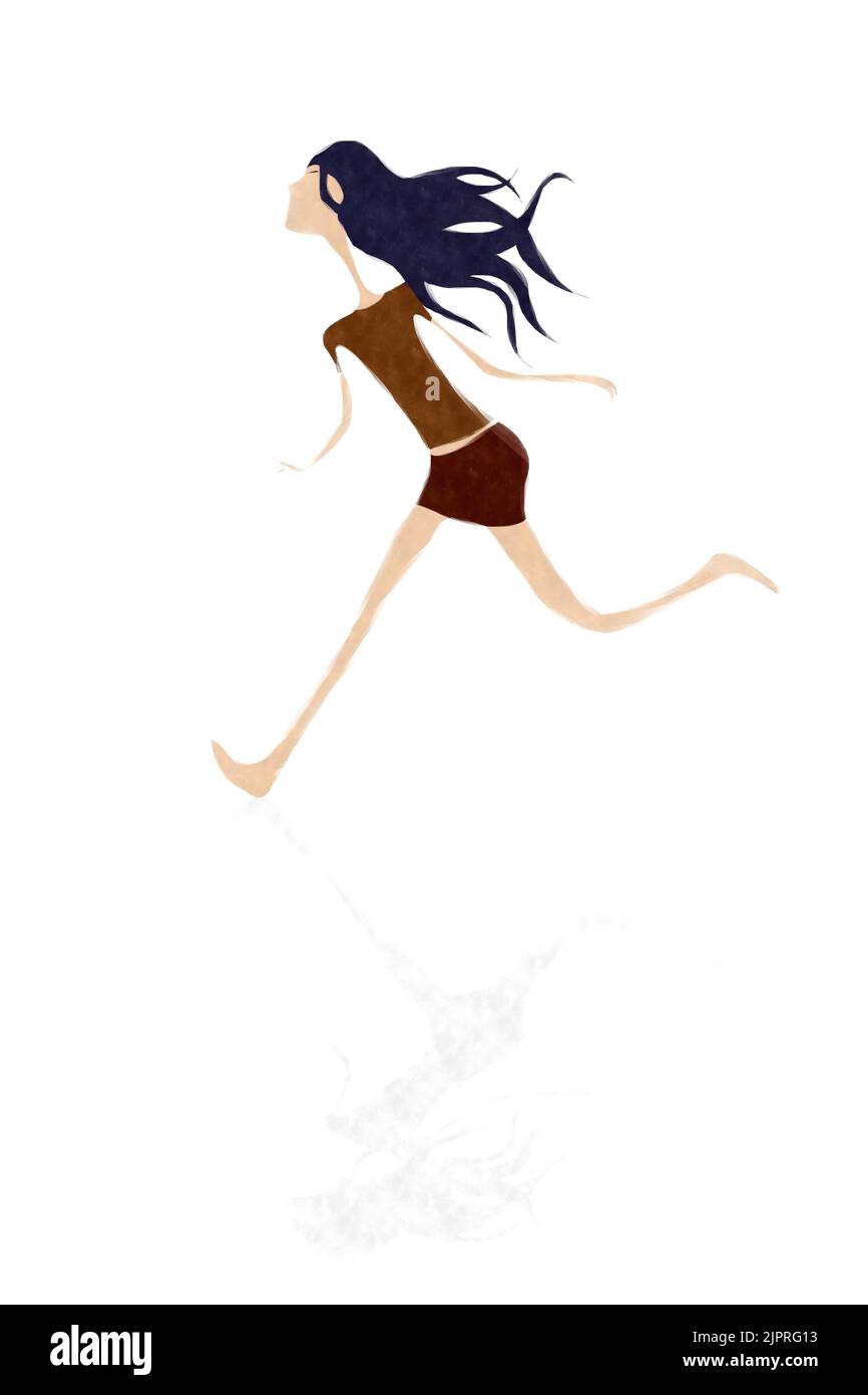 Watercolor style drawing of a girl running over white background Stock ...