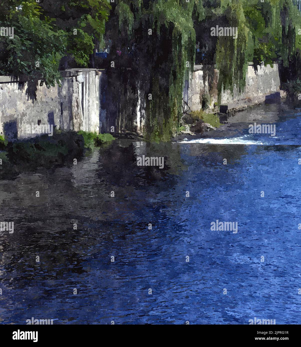 Watercolor style drawing of willow trees by the river Stock Photo - Alamy