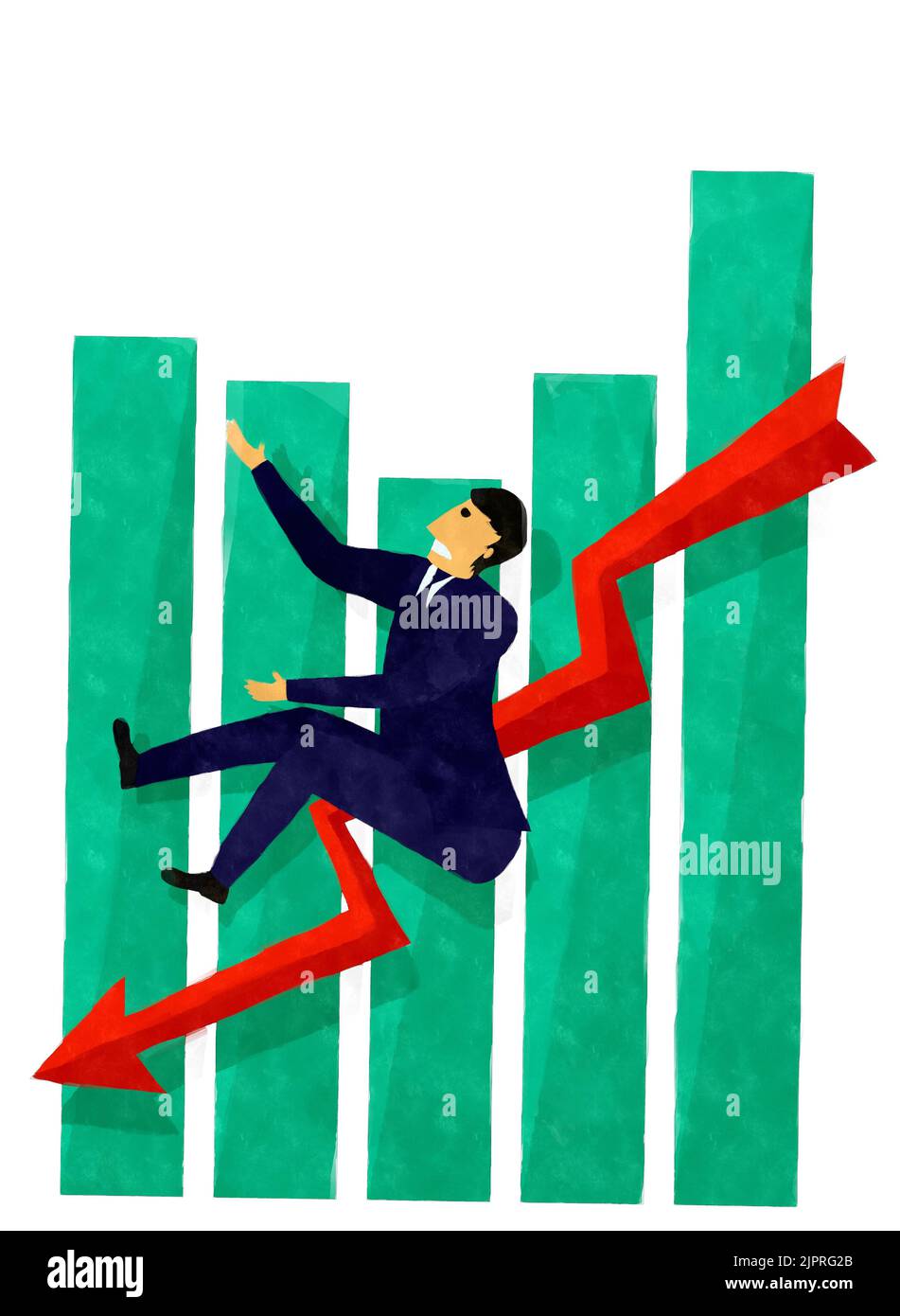 Falling business man with negative bar graph in watercolor over white ...