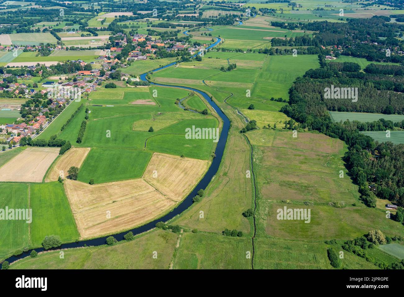 Aerial view of the Ilmenau, river, water, lowland, Wittorf, Lueneburg ...