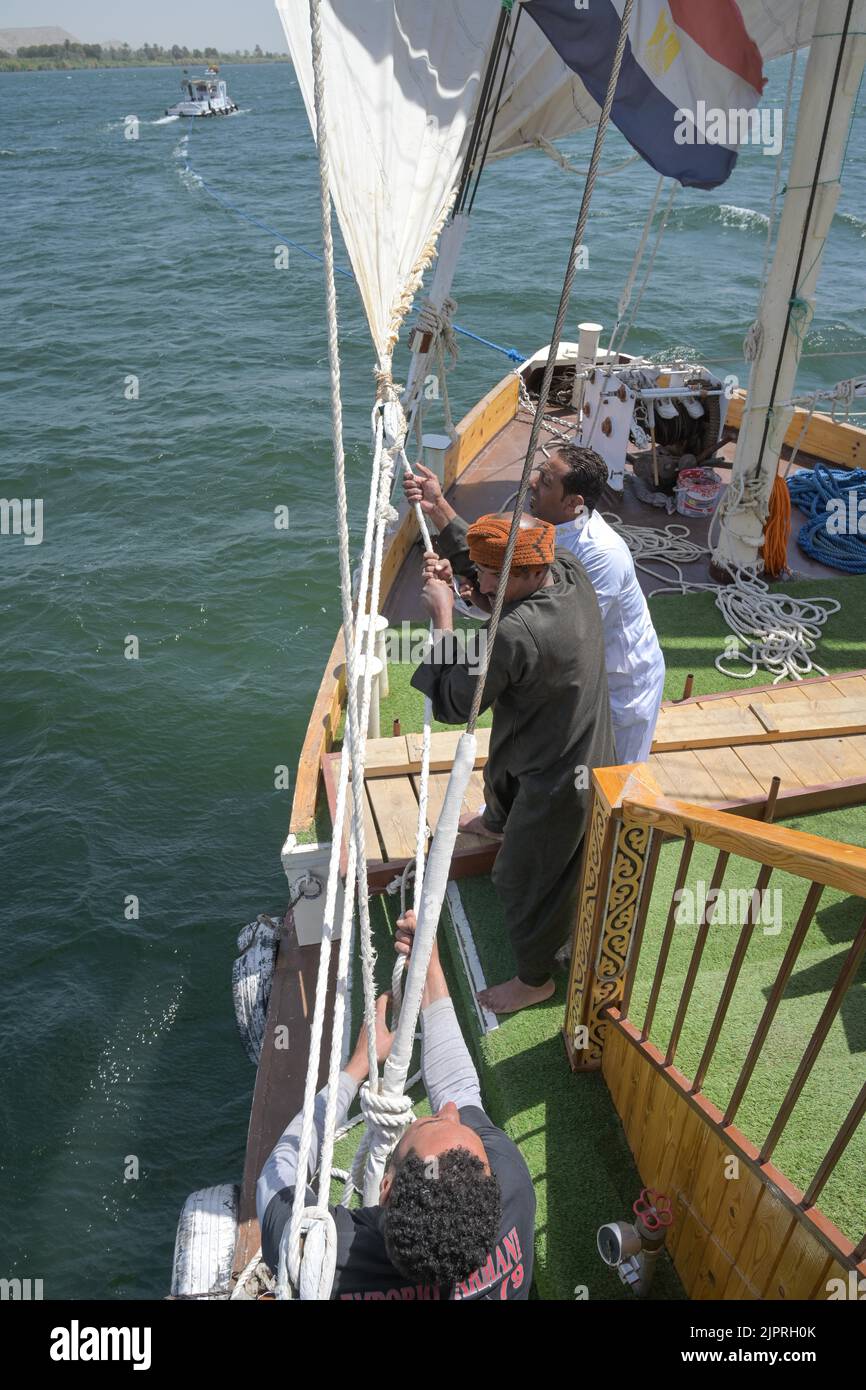 Boatmen, work, set sail, Dahabeya cruise ship Magic Nile, Nile, Egypt ...