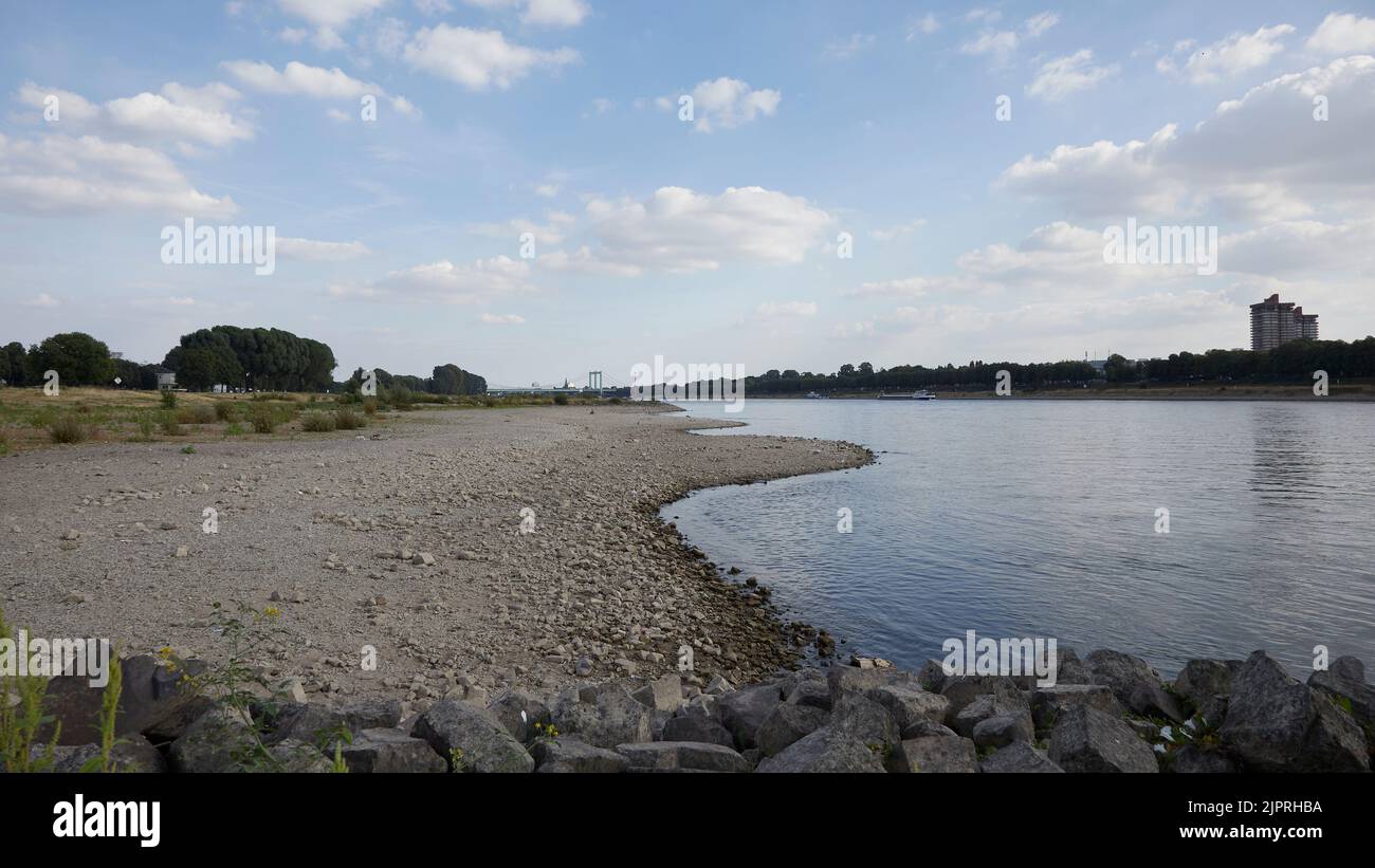 Rhine river in Cologne at low tide. dry stones at the shore Stock Photo ...