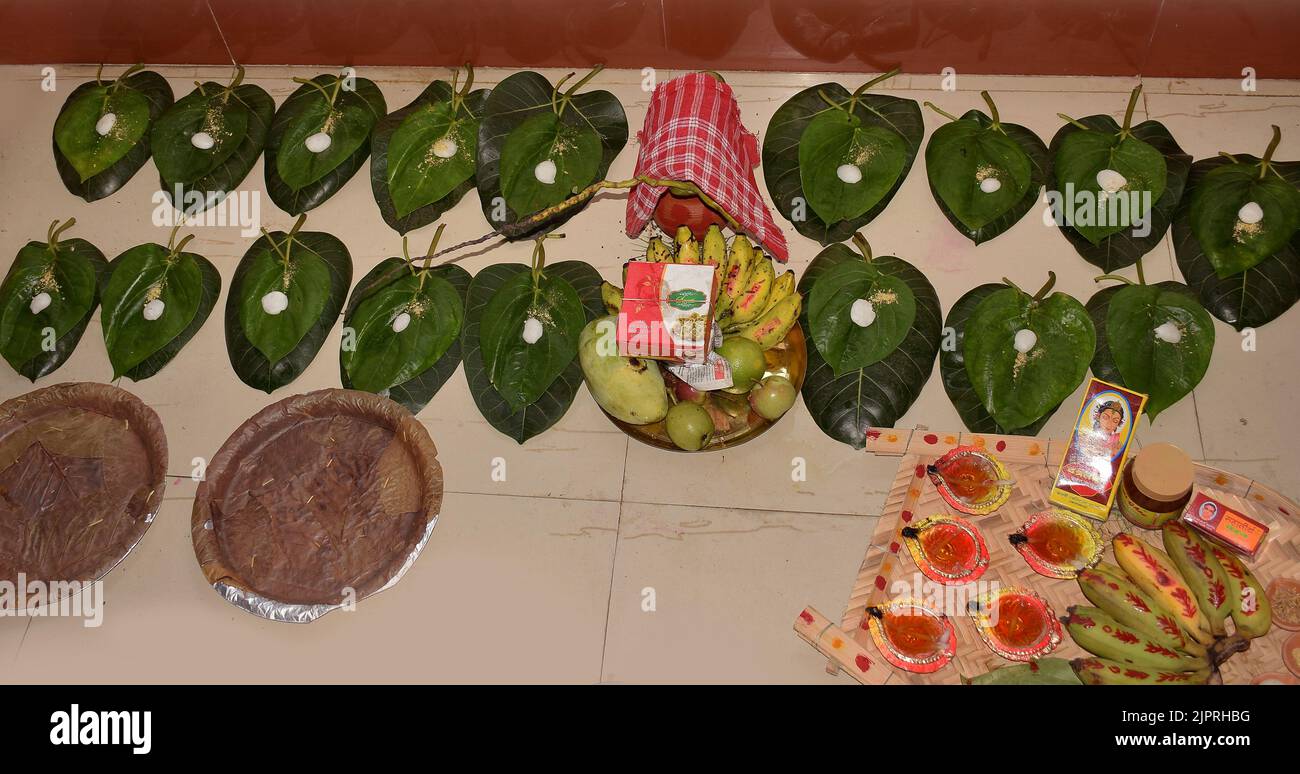 Beetle leaves placed along with other pooja materials for a Hindu ...