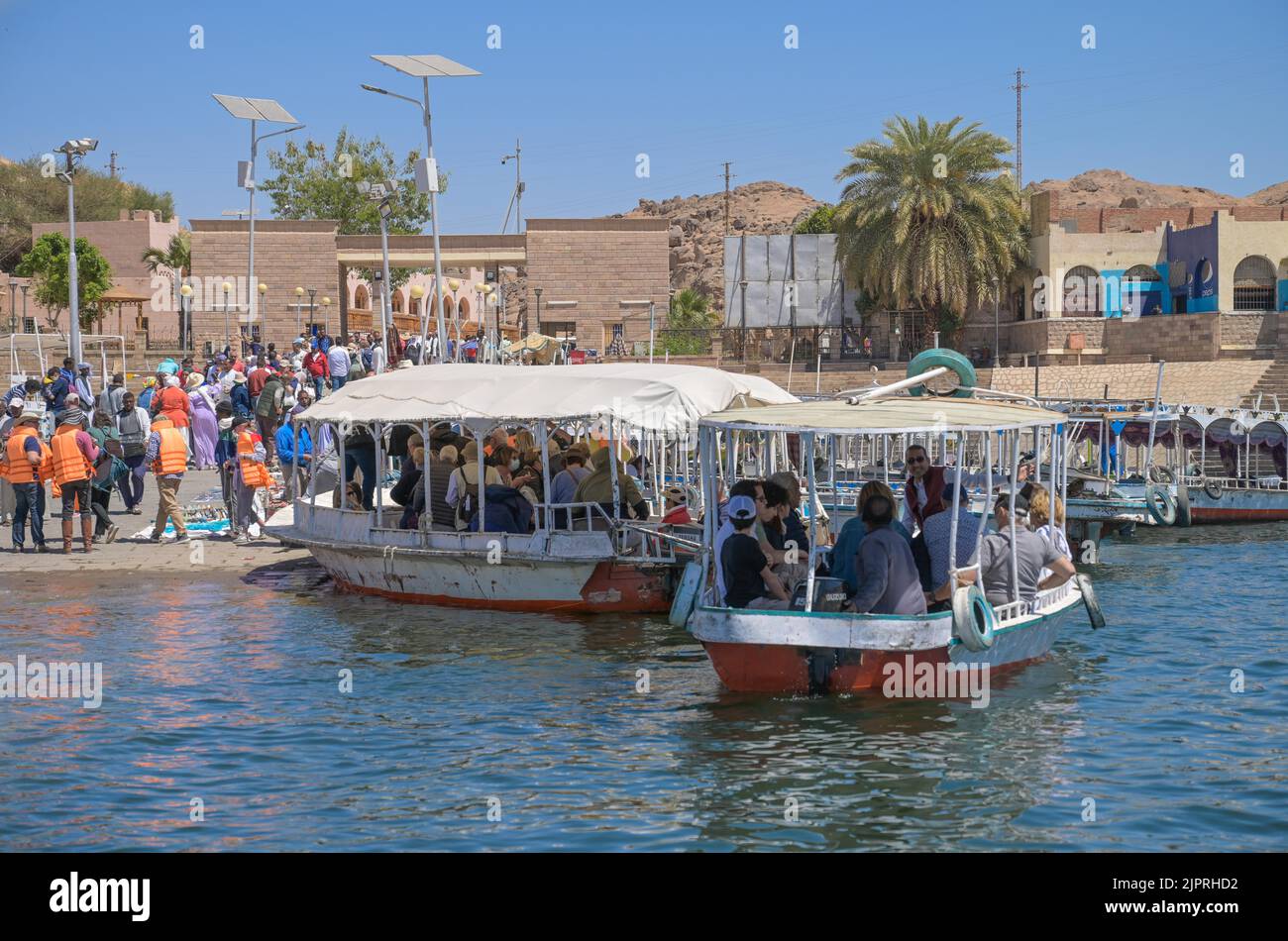 Tour boats with tourists, departure to Philae Island, Aswan, Egypt ...