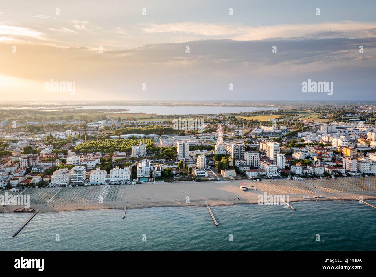 Lido di Jesolo, Italy. Aerial view from above to the famous coast line ...