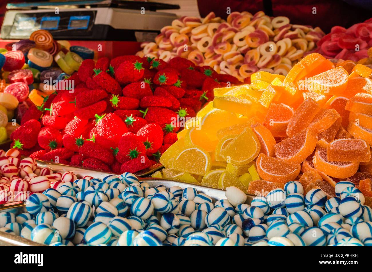 Sweet and sugar colorful candies in the shop for background Stock Photo ...