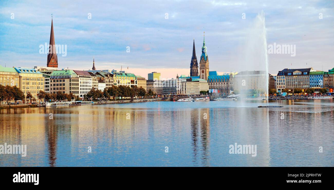 Inner Alster Lake with Alsterfontaine and city skyline, Hamburg ...