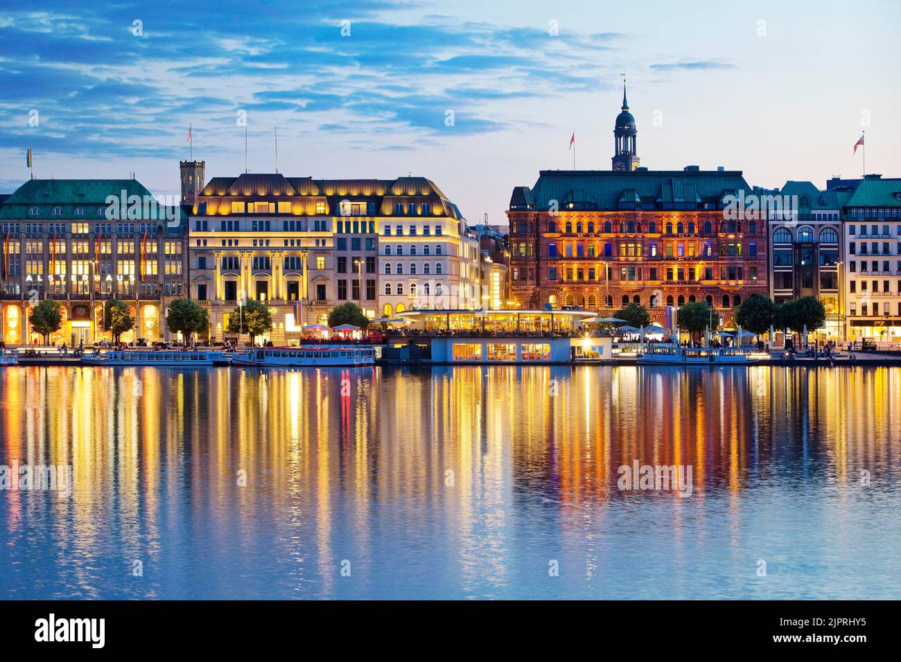 Inner Alster Lake with Hamburger Hof and Michel in the evening, Hamburg ...