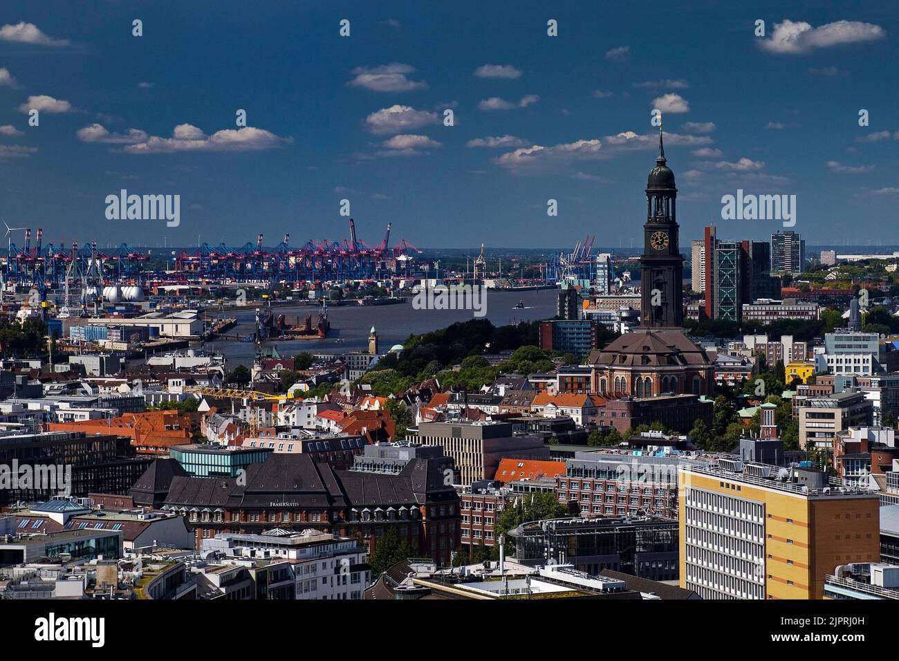City view from above with the Michel and the harbour, Hamburg, Germany ...
