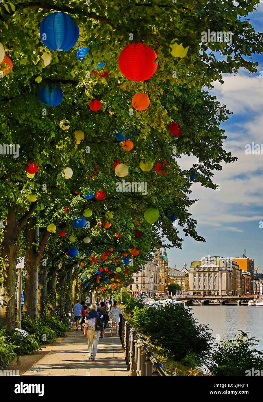 The trees on Ballindamm by the Inner Alster Lake are decorated with ...