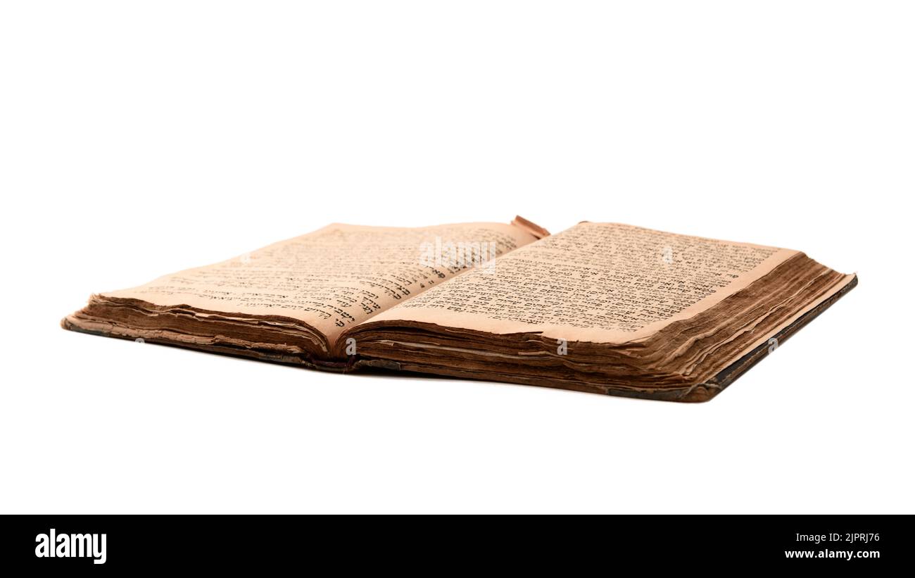 Single old worn jewish book. Open shabby pages of Siddur isolated on ...