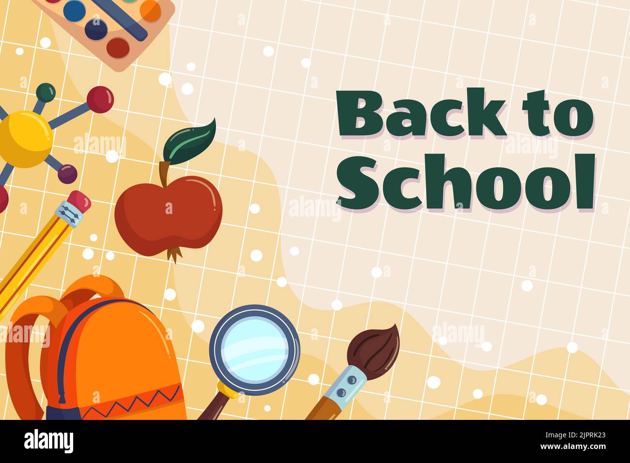 Colorful back to school background template with different studying supplies - bag, yellow ...