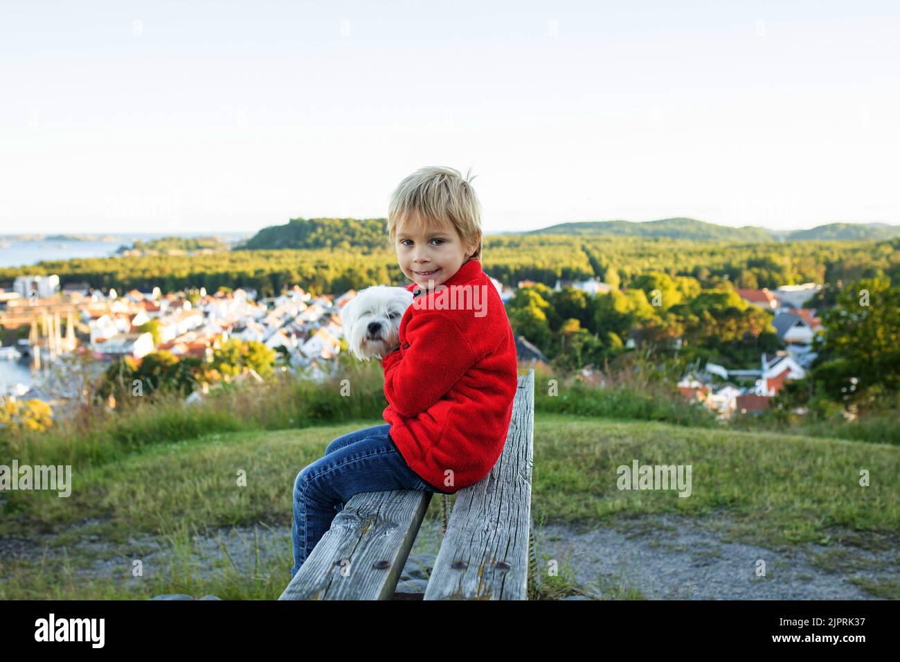 Family visiting town Mandal in Norway, view from the viewpoint ...
