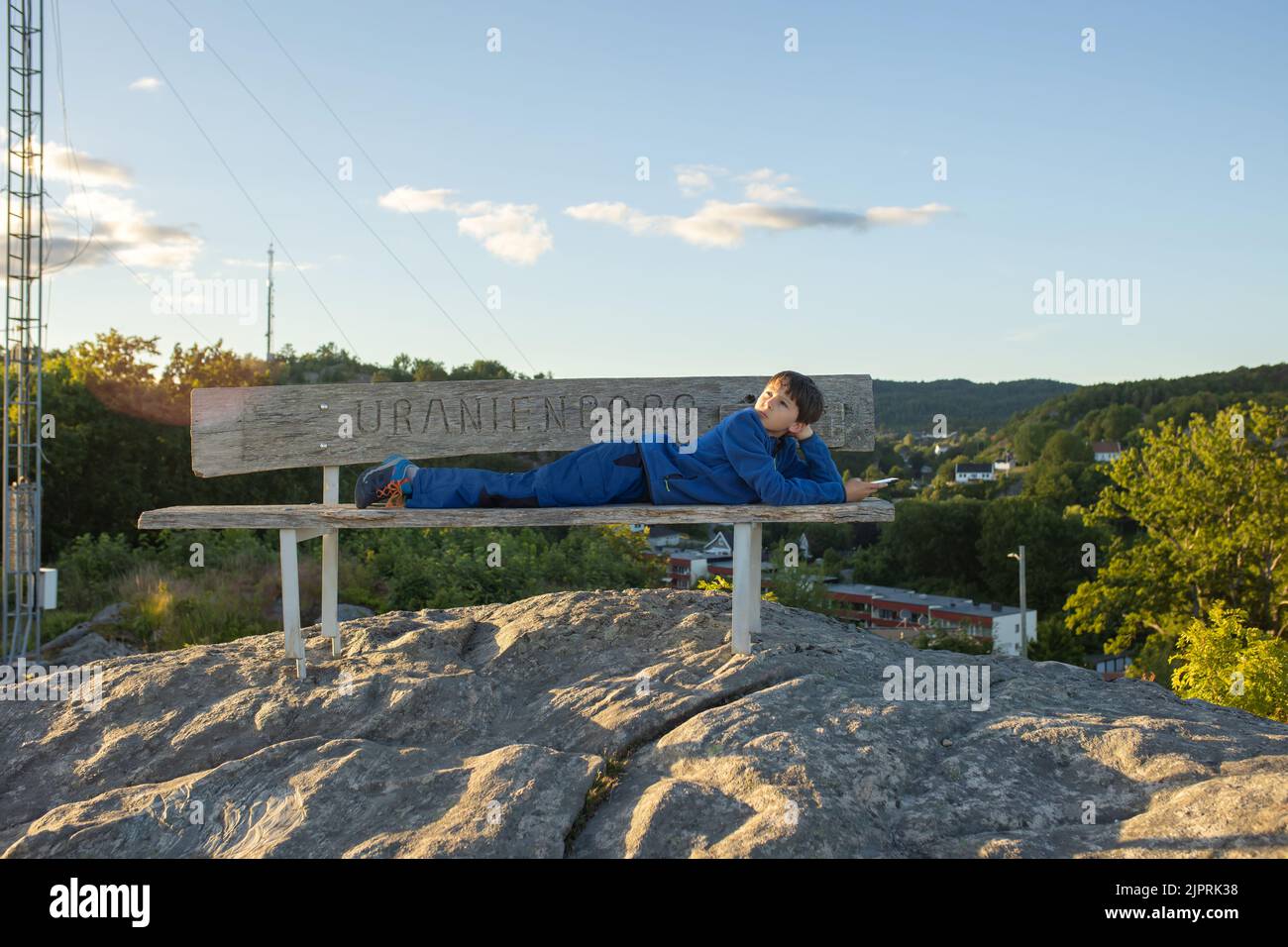 Family visiting town Mandal in Norway, view from the viewpoint ...