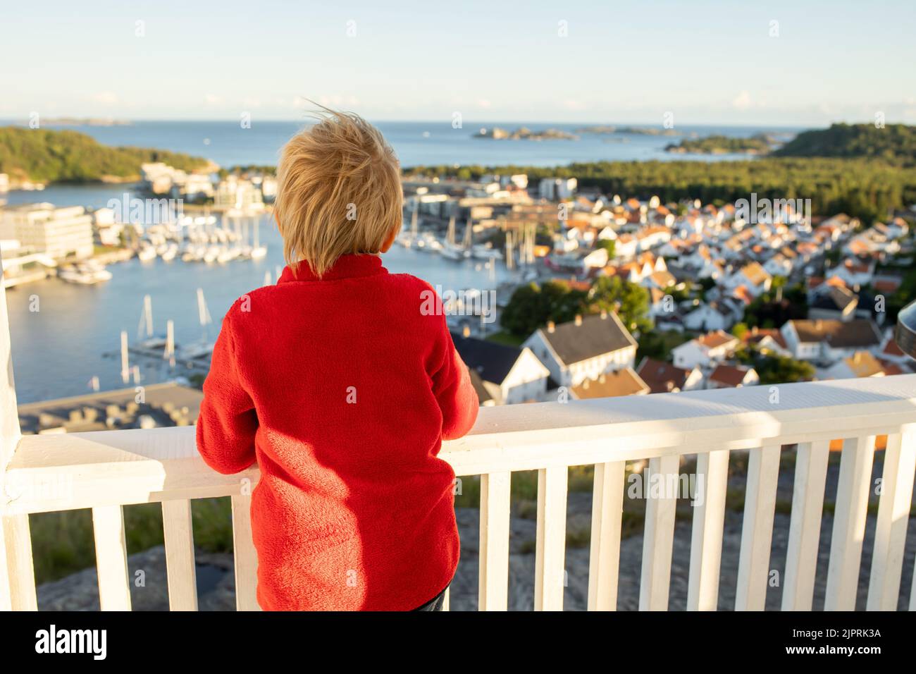 Family visiting town Mandal in Norway, view from the viewpoint ...