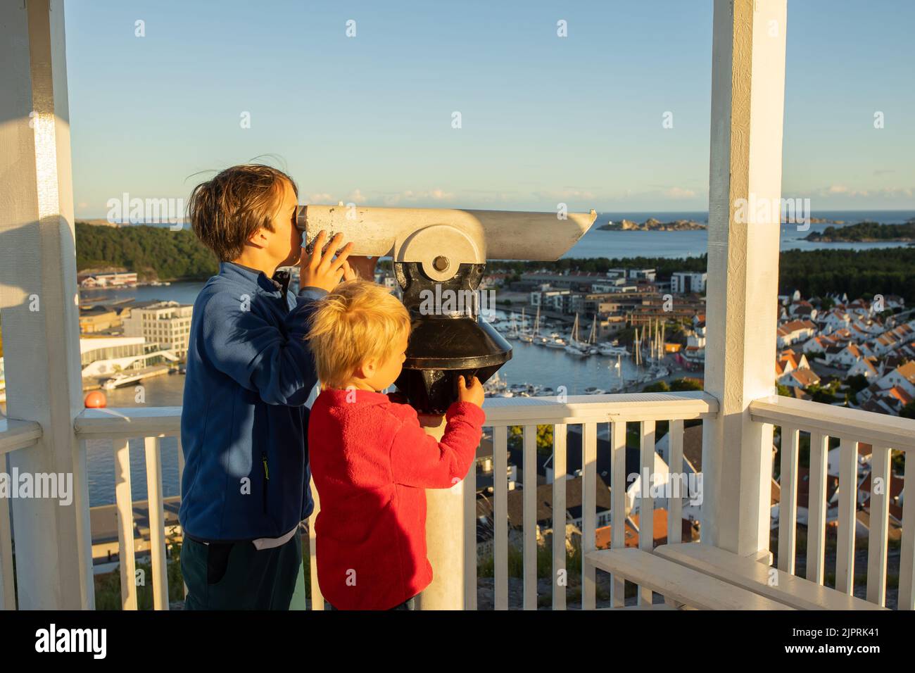 Family visiting town Mandal in Norway, view from the viewpoint ...