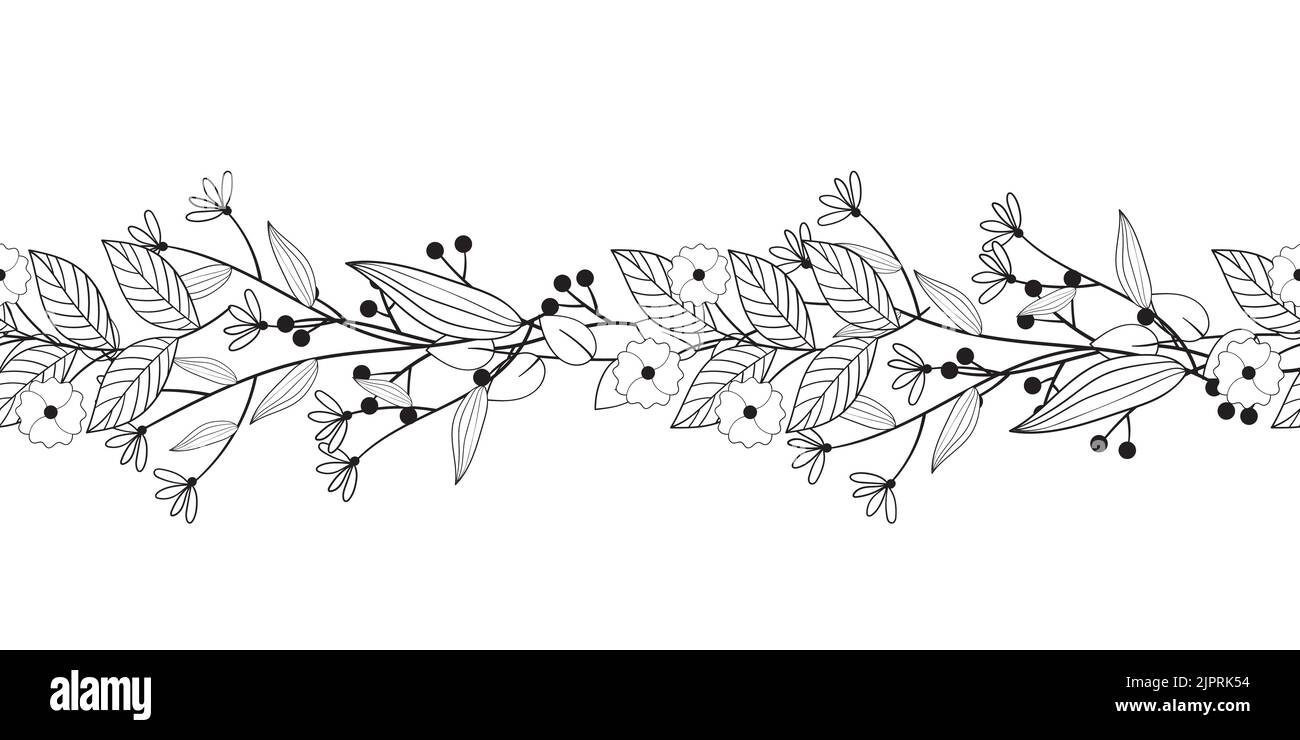 Vintage rustic seamless pattern border with floral motif. Flowers black ...