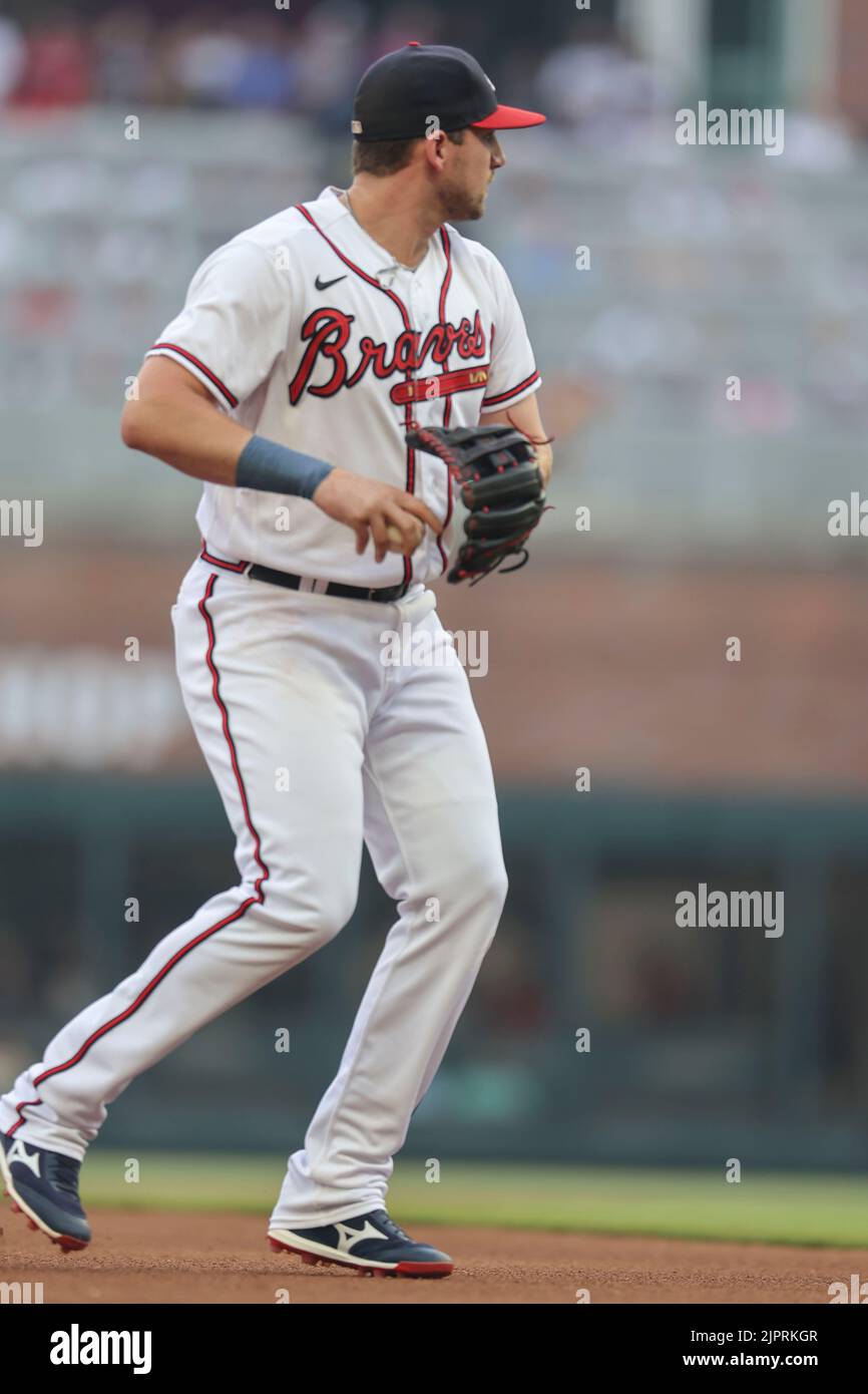 Atlanta, GA. USA; Atlanta Braves third baseman Austin Riley (27)throws ...