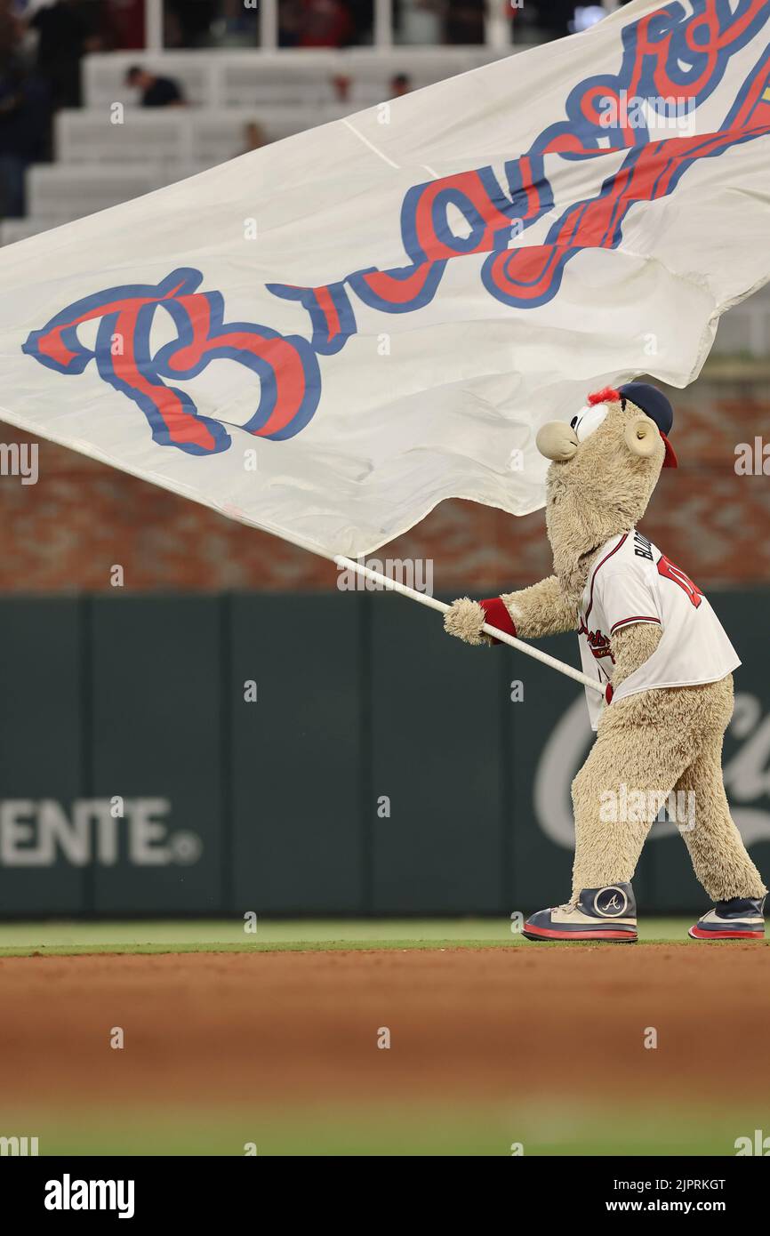 Atlanta, GA. USA; Atlanta Braves mascot Bloober waves the Braves ...